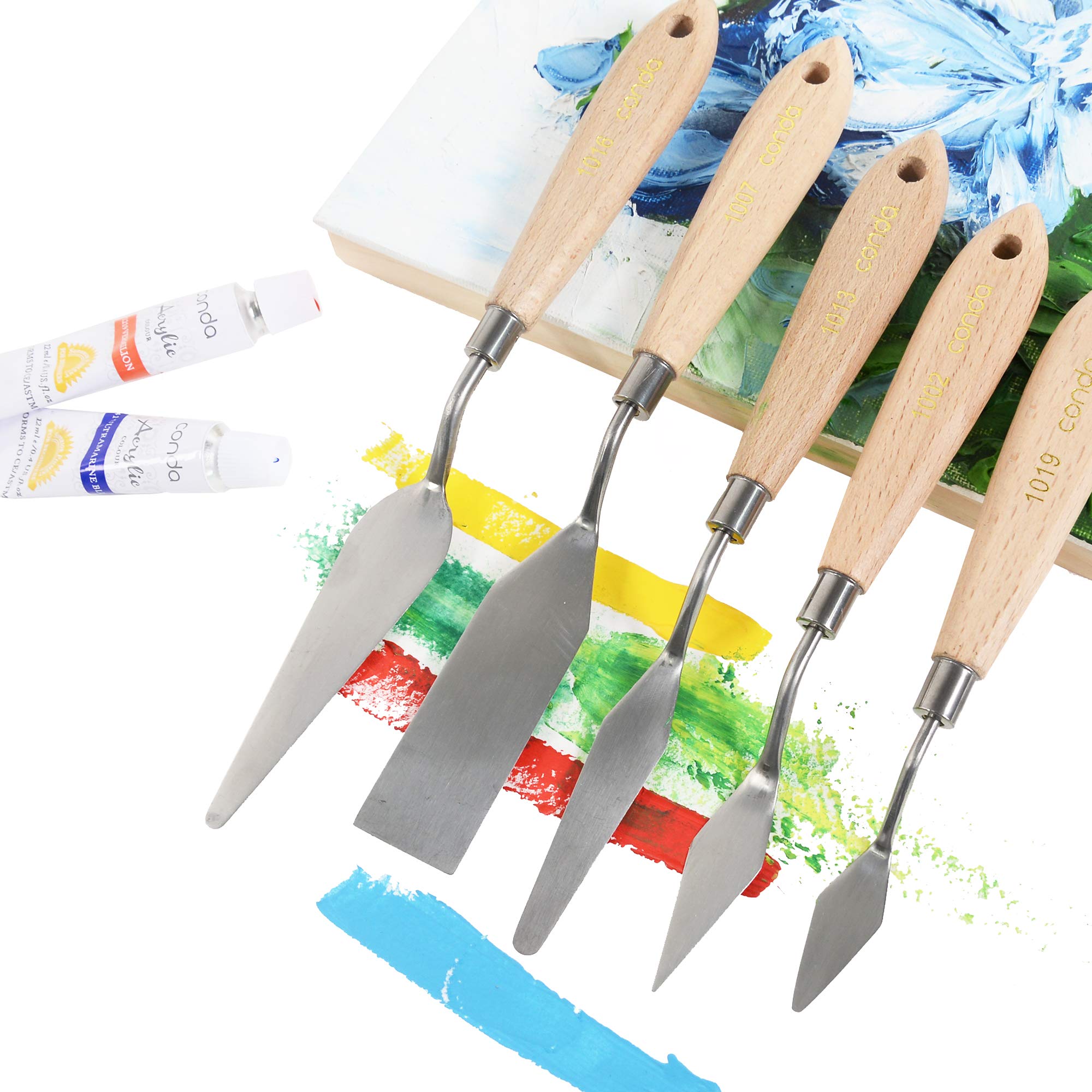 CONDA Artist Palette Knife Set - 5 Pieces Painting Knives for Acrylic, Flexible Stainless Steel Spatula Pallet knife for Mixing Color, Spreading, Applying Oil Paint on Canvases, Wood Handles