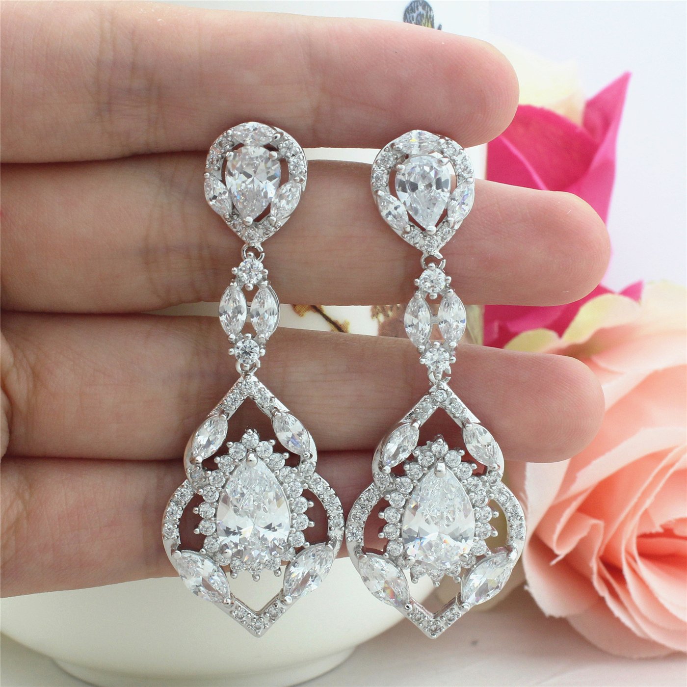 SELOVO Cubic Zirconia Bridal Teardrop Dangle Earrings Silver Tone Vintage Earrings with Clear