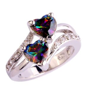 empsoul 925 silver plated heart shaped ring classic rainbow topaz double heart proposal wedding engagement ring for women size 8