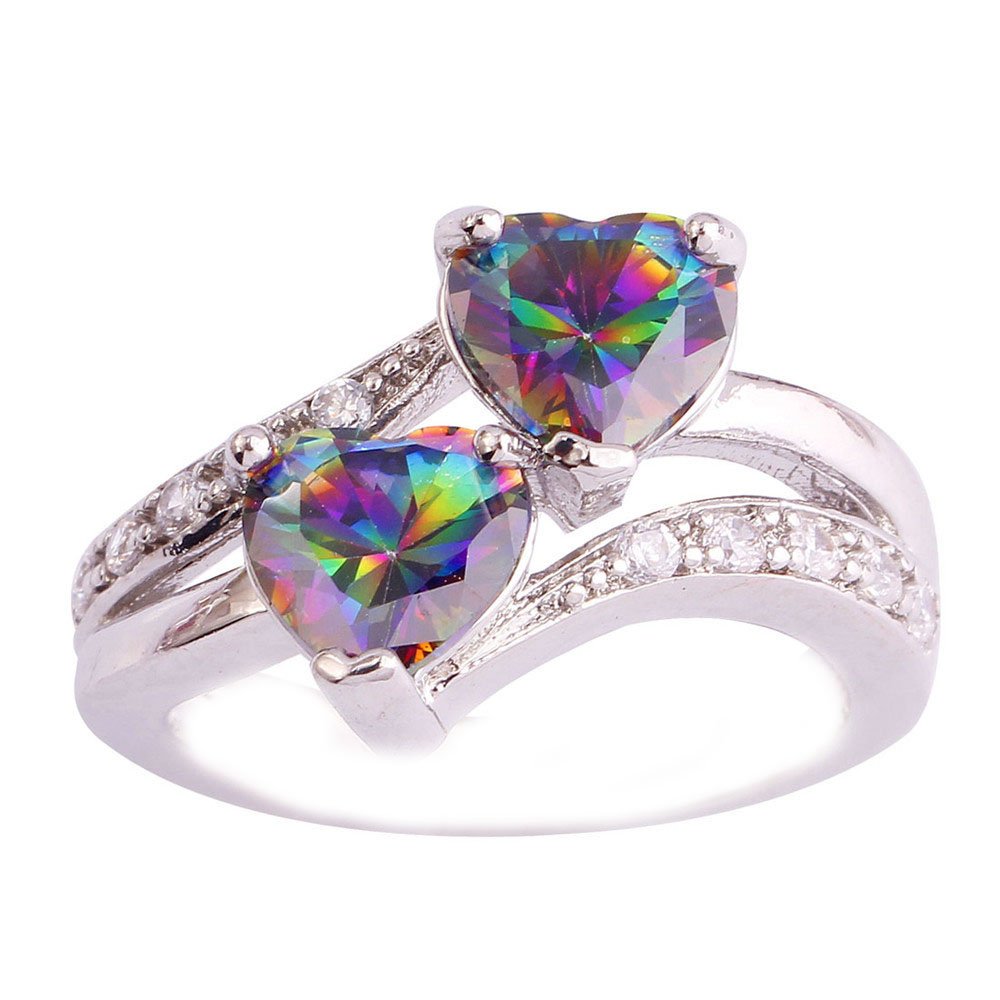 Empsoul 925 Silver Plated Heart Shaped Ring Classic Rainbow Topaz Double Heart Proposal Wedding Engagement Ring for Women Size 8