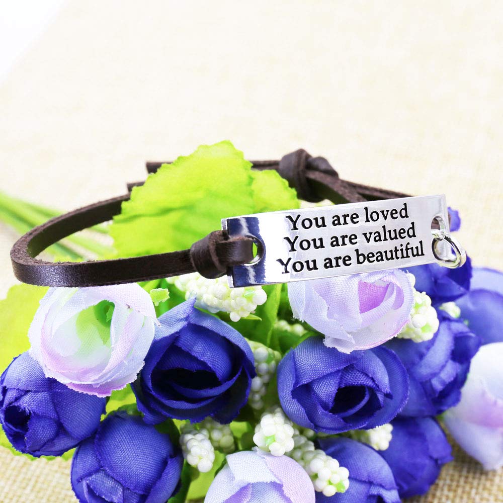 Inspirational Gifts For Women Saying stamped "You are loved You are valued You are beautiful" leather inspirational bracelet,Gift for Mother Daughter,Teens,,Christmas Gift,Birthday Present.