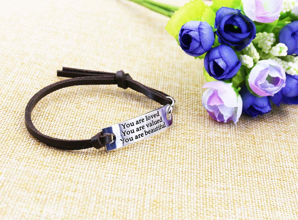 Inspirational Gifts For Women Saying stamped "You are loved You are valued You are beautiful" leather inspirational bracelet,Gift for Mother Daughter,Teens,,Christmas Gift,Birthday Present.