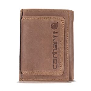 carhartt men's rugged leather triple stitch wallets, available in multiple styles, brown (trifold), one size