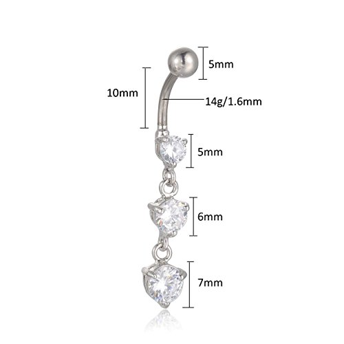 CANDYFANCY 14G Dangly Belly Button Rings Surgical Steel Gem Navel Rings Dangle Triple Round CZ Barbell Belly Piercings Jewelry