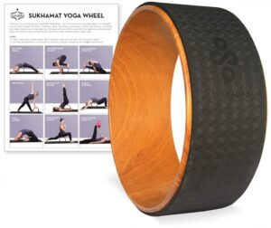 sukhamat yoga wheel - pro - 12.5" x 5" yoga prop wheel for deeper poses, relieve back pain, stretching, new! online video yoga wheel instructions & printed guide (woodgrain/black)