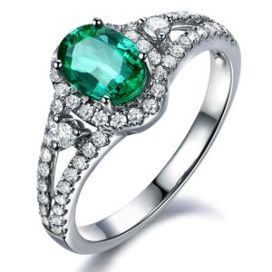 genuine natural emerald gemstone oval cut solid 14k white gold diamond wedding engagement promise band ring for women