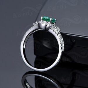 Genuine Natural Emerald Gemstone Oval Cut Solid 14K White Gold Diamond Wedding Engagement Promise Band Ring for Women