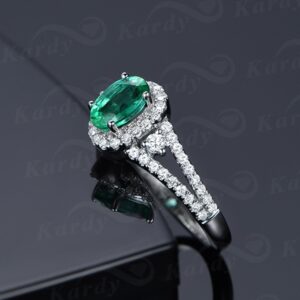 Genuine Natural Emerald Gemstone Oval Cut Solid 14K White Gold Diamond Wedding Engagement Promise Band Ring for Women