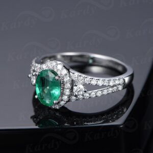 Genuine Natural Emerald Gemstone Oval Cut Solid 14K White Gold Diamond Wedding Engagement Promise Band Ring for Women