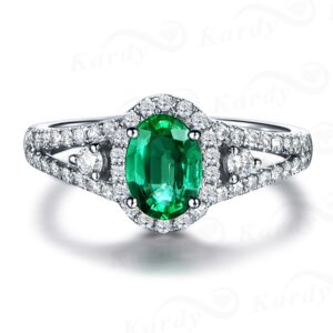 Genuine Natural Emerald Gemstone Oval Cut Solid 14K White Gold Diamond Wedding Engagement Promise Band Ring for Women