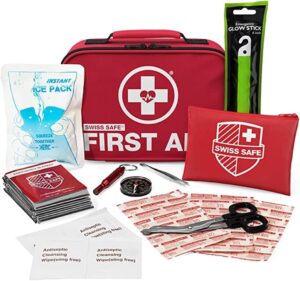 swiss safe 2-in-1 first aid kit for car, travel & home, businesses - bonus mini kit for medical emergency aid, survival, camping - fsa & hsa eligible 120+32-pcs, 1pk -red-small+travel