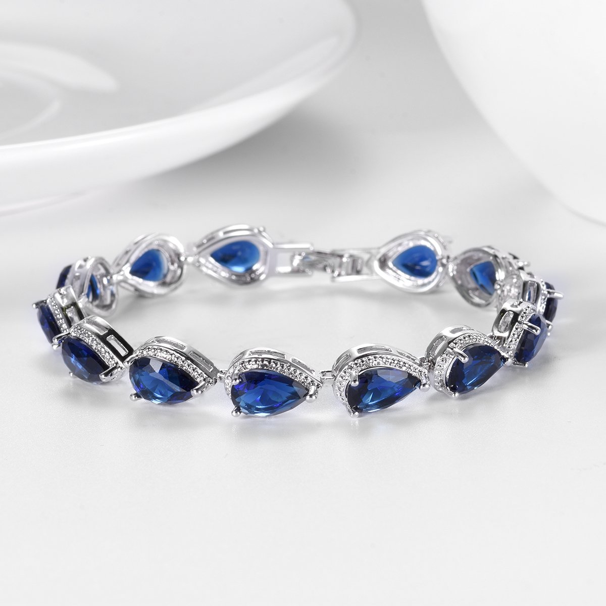 SELOVO Sapphire Color Dark Navy Blue Stone Teardrop Link Tennis Bracelet for Women Silver Tone