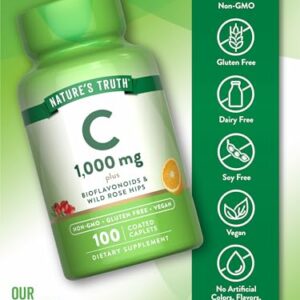 Vitamin C Bioflavonoids & Rose Hips | 1000mg | 100 Caplets | Vegetarian, Non-GMO, Gluten Free | by Nature's Truth