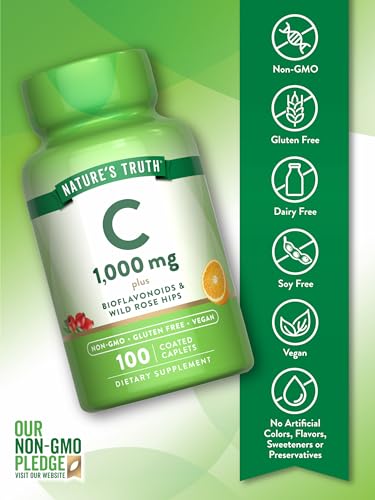 Vitamin C Bioflavonoids & Rose Hips | 1000mg | 100 Caplets | Vegetarian, Non-GMO, Gluten Free | by Nature's Truth