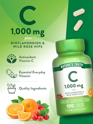 Vitamin C Bioflavonoids & Rose Hips | 1000mg | 100 Caplets | Vegetarian, Non-GMO, Gluten Free | by Nature's Truth