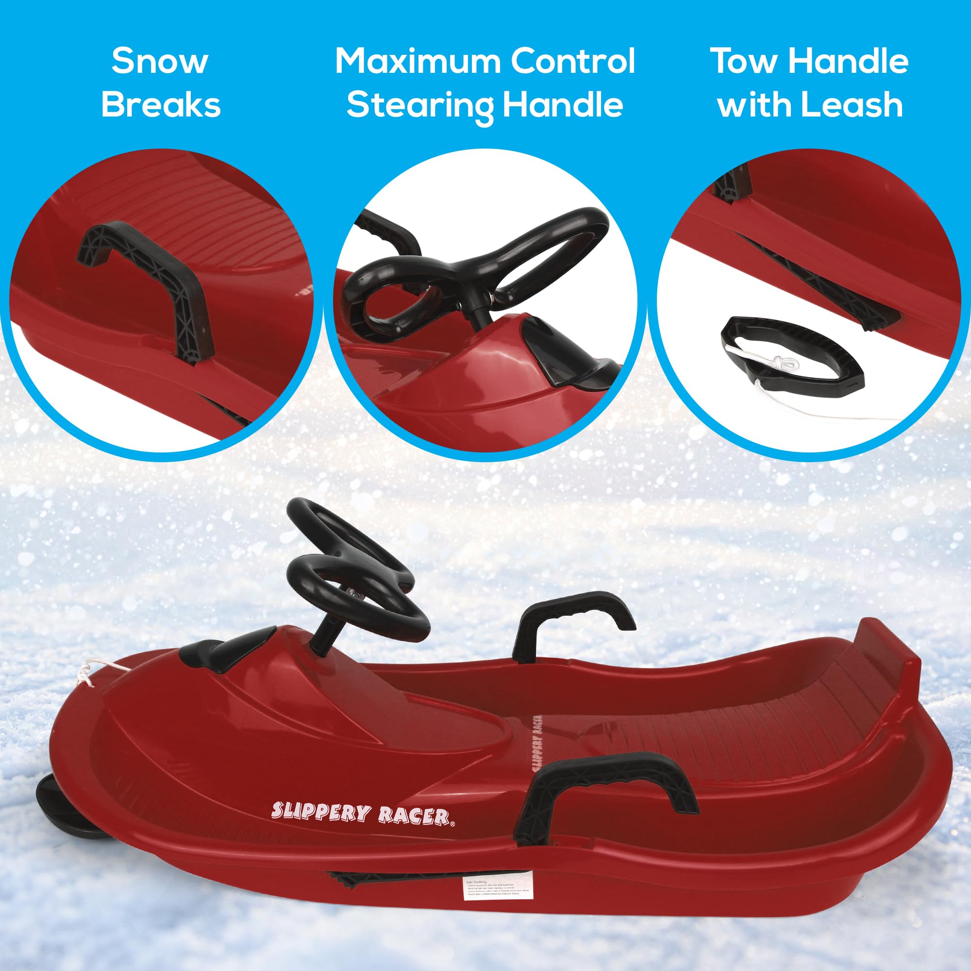 Slippery Racer Downhill Derby Flexible Kids Toddler Plastic Toboggan Steerable Plastic Snow Sled with Built-In Brakes and Steering Wheel, RED