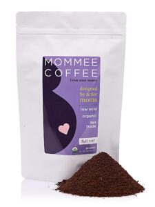 mommee coffee full caf ground low acid coffee - 100% arabica organic coffee beans with smooth caramel flavor - medium grind for drip, reusable one cup filters - 11 oz