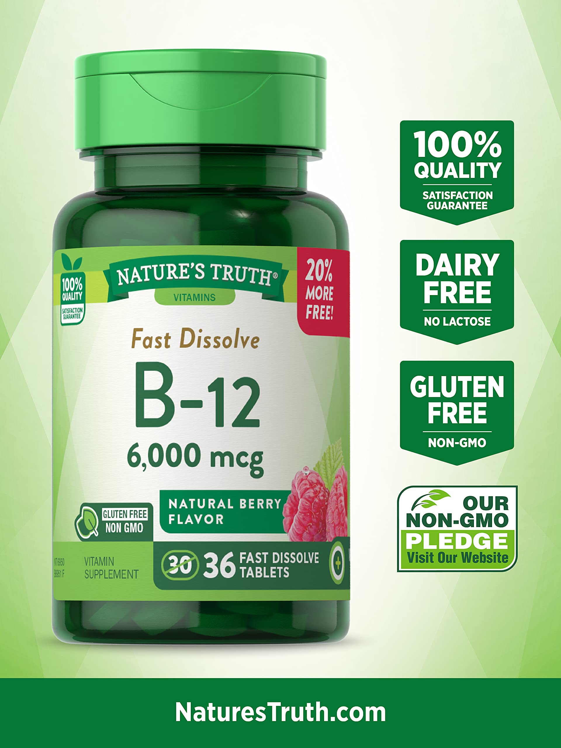 Nature's Truth B12 Vitamin 6000 mcg | 36 Tablets | Fast Dissolve Natural Berry Flavor | Vegetarian, Non-GMO & Gluten Free