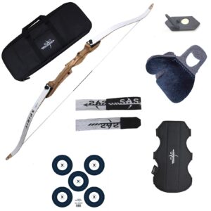 southland archery supply sas spirit jr 54" beginner youth bow set with carrying bag, fingertab, armguard, stringer, paper target, and arrow rest- right hand (12 lbs)