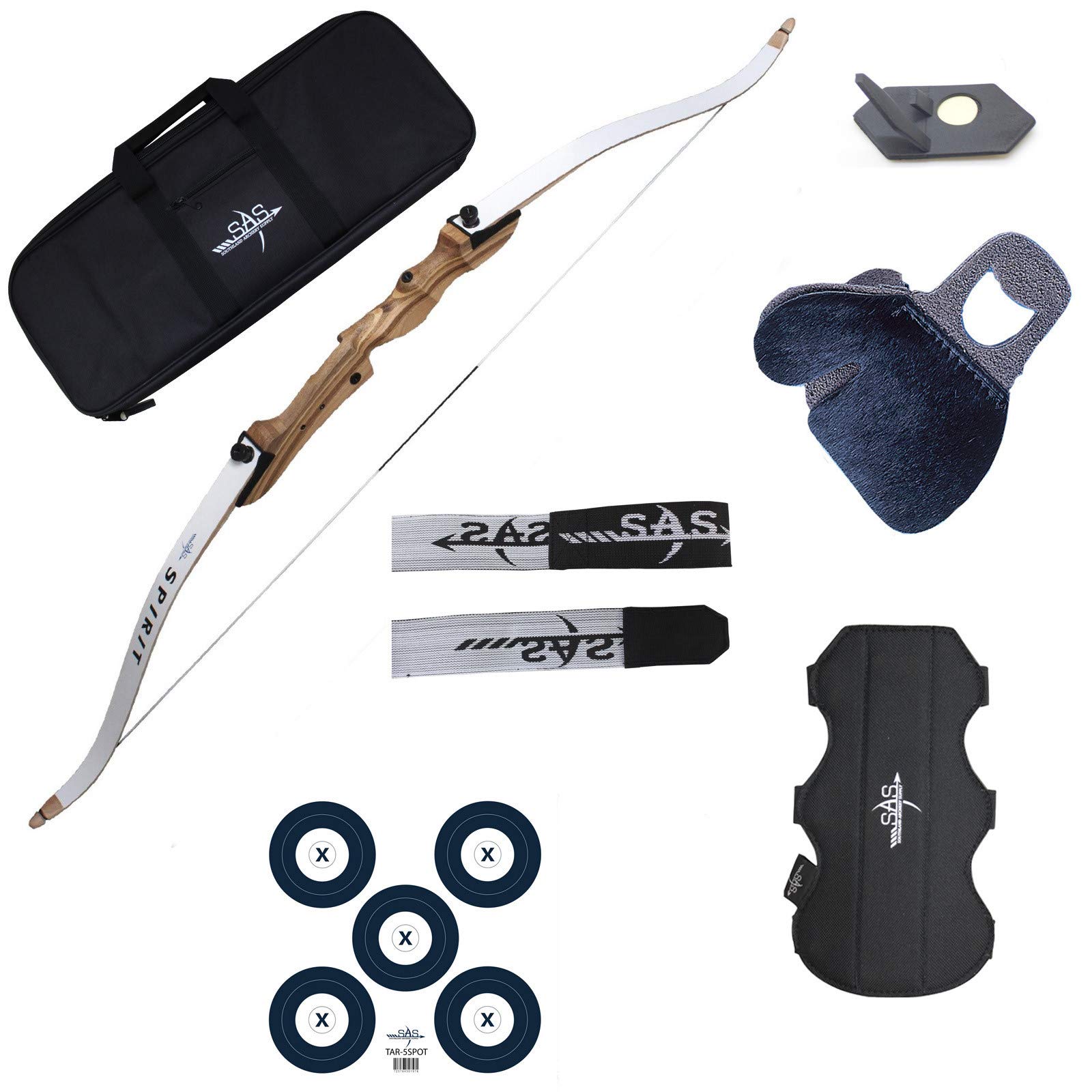 Southland Archery Supply SAS Spirit Jr 54" Beginner Youth Bow Set with Carrying Bag, Fingertab, Armguard, Stringer, Paper Target, and Arrow Rest- Right Hand (12 LBS)