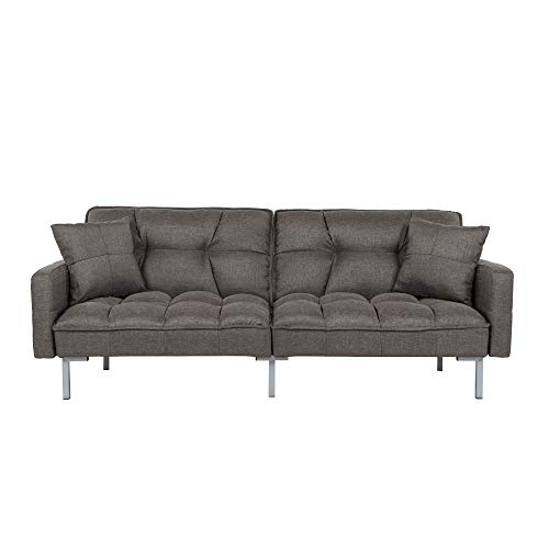 Divano Roma Furniture Collection Modern Plush Tufted Linen Fabric Splitback Living Room Sleeper Futon (Dark Grey), Small