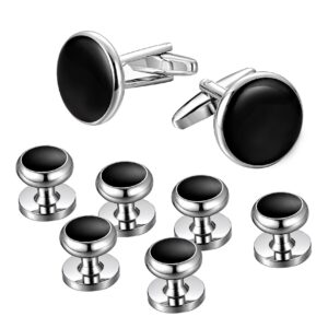 jstyle mens cufflinks and studs set tuxedo shirts classic black&silver match for business wedding formal suit