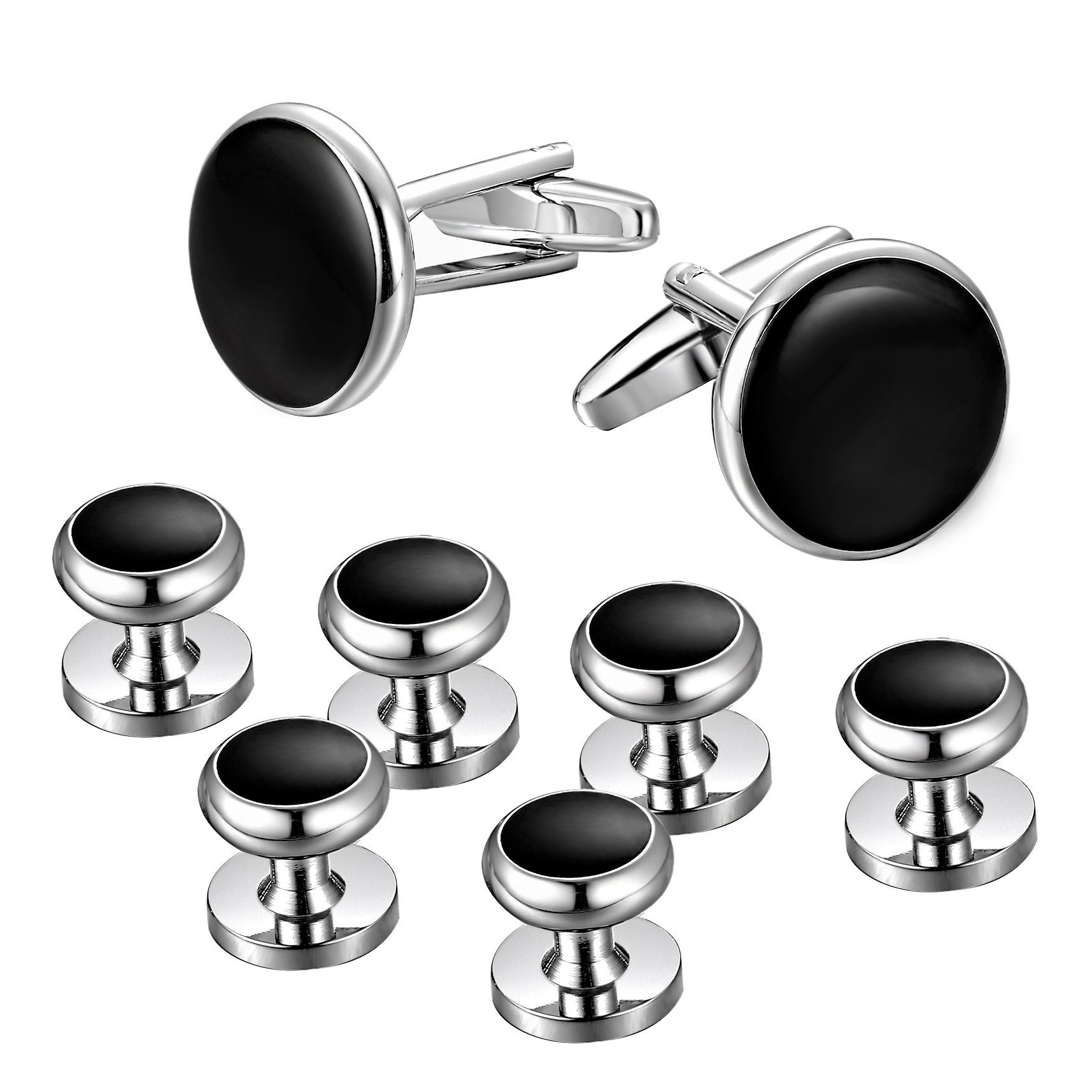 Jstyle Mens Cufflinks and Studs Set Tuxedo Shirts Classic Black&Silver Match for Business Wedding Formal Suit