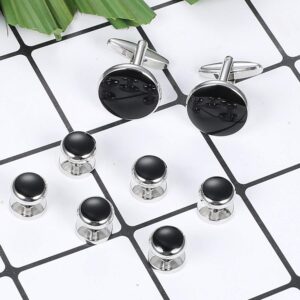 Jstyle Mens Cufflinks and Studs Set Tuxedo Shirts Classic Black&Silver Match for Business Wedding Formal Suit