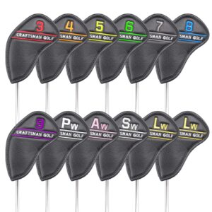 craftsman golf left handed 12pcs black synthetic leather golf iron head covers set headcover with colorful number embroideried,easily get the needed iron for callaway ping taylormade cobra etc.