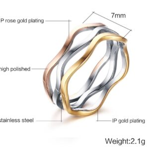 VNOX Womens Girls Stainless Steel Tri-color Wave Band Ring for Wedding Promise Engagement,Size 9