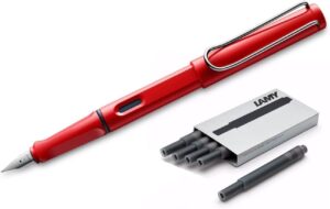 lamy safari fountain pen, medium nib + 5 black ink cartridges (red)