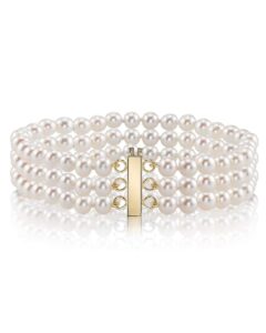 the pearl source 14k gold 6-7mm aaaa quality round white triple freshwater cultured pearl bracelet for women