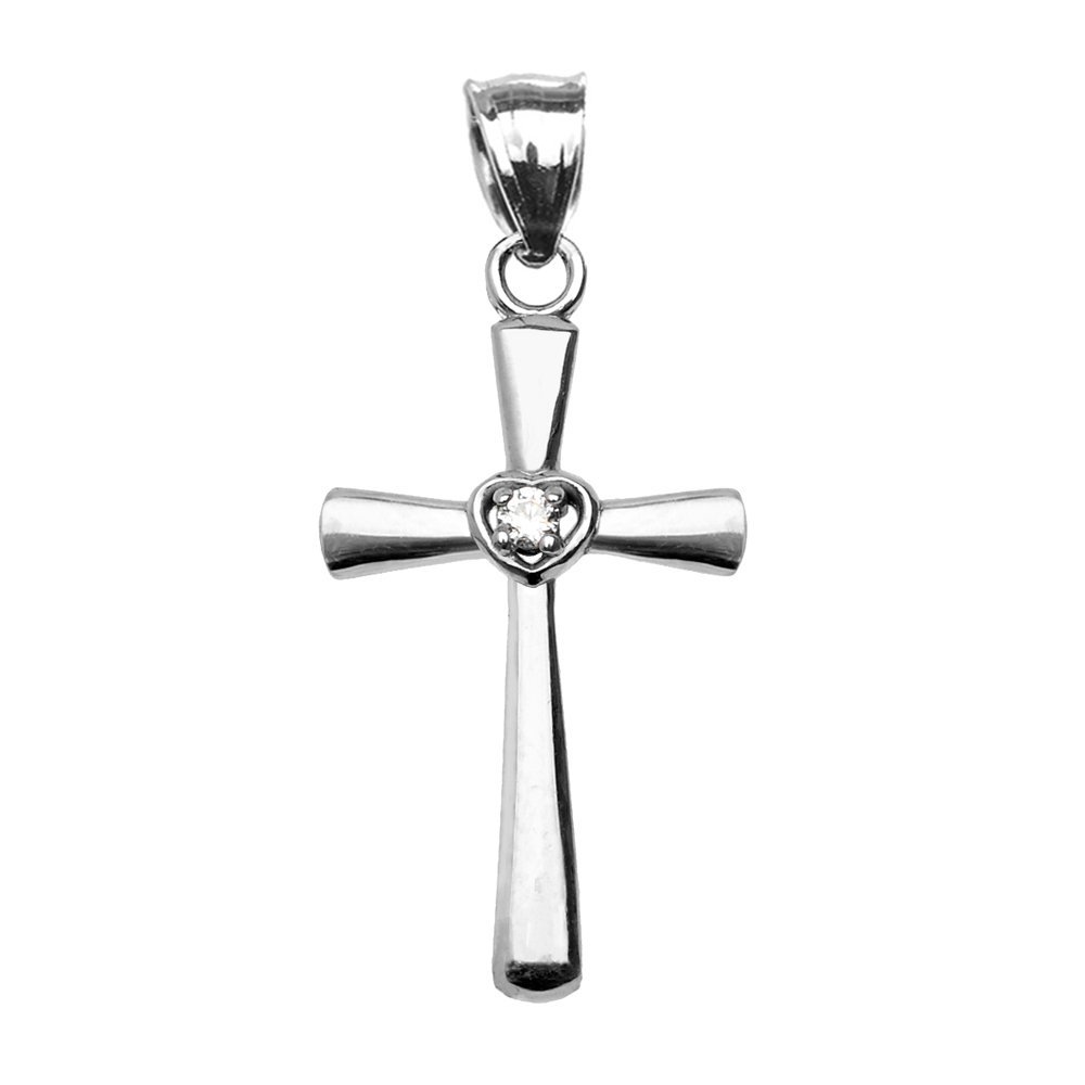 Religious Jewelry Solitaire Cubic Zirconia Heart Cross Pendant in Sterling Silver