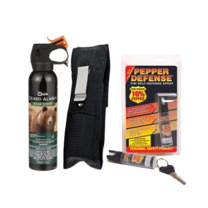 guard alaska 9 oz. bear spray repellent with belt clip holster and pepper defense 1/2 oz. pepper spray - maximum strength formula for hiking, camping, outdoors, self defense