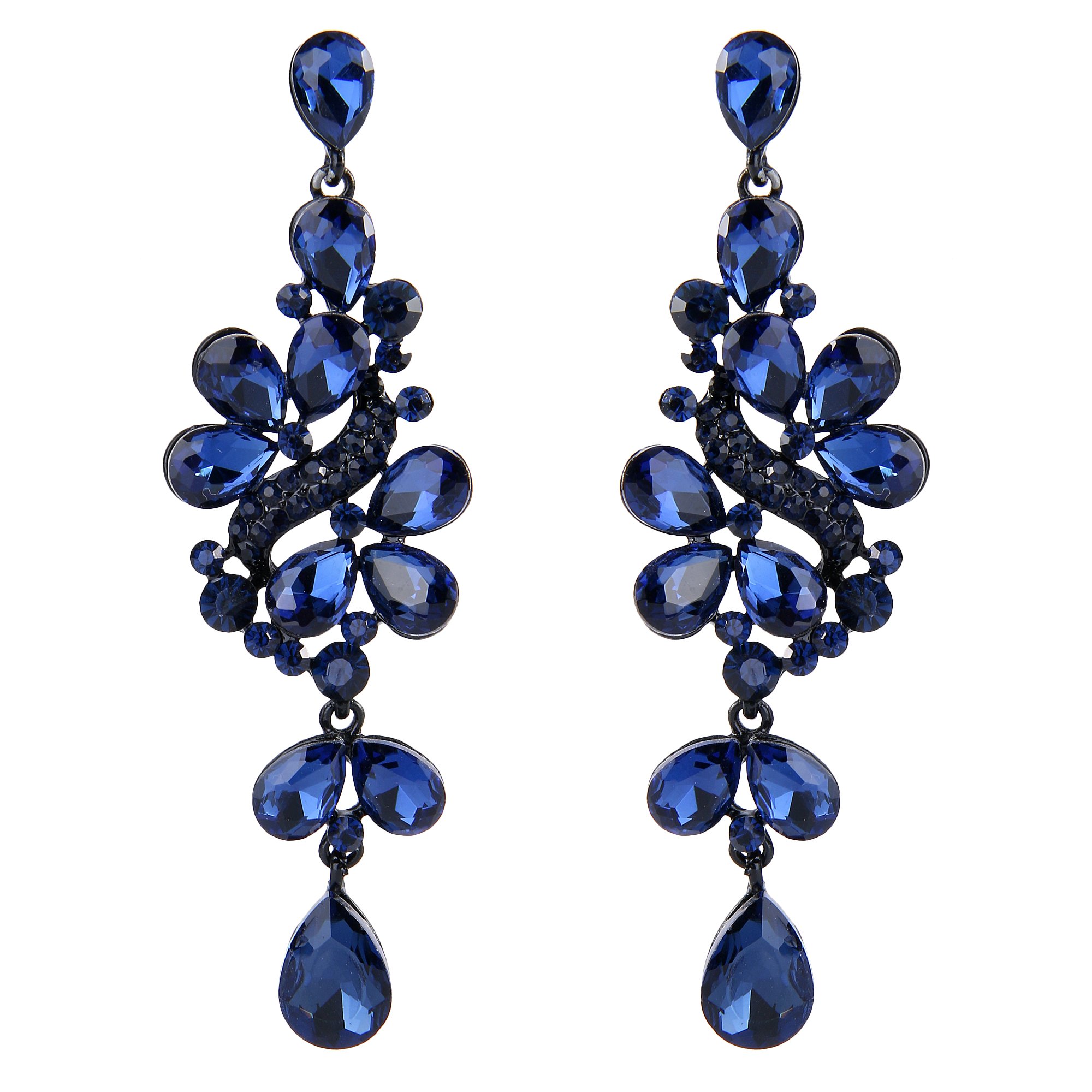 BriLove Wedding Bridal Dangle Earrings for Women Victorian Style Crystal Cluster Teardrop Leaves Dangle Earrings Navy Blue Sapphire Color Black-Silver-Tone