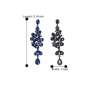 BriLove Wedding Bridal Dangle Earrings for Women Victorian Style Crystal Cluster Teardrop Leaves Dangle Earrings Navy Blue Sapphire Color Black-Silver-Tone