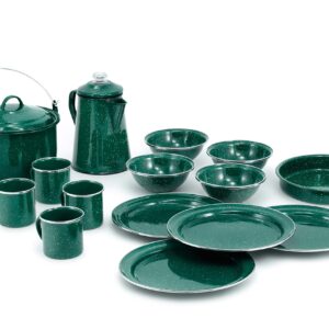 GSI Outdoors Camp Dinnerware Set I 4-Person Set Includes Pioneer Enamel Percolator, Frypan, Kettle, Bowls, Plates & Coffee Mugs