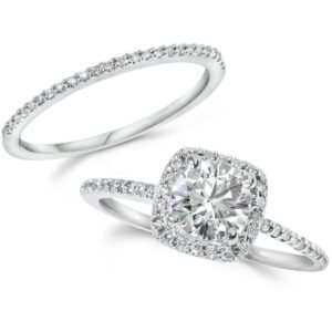 1CT Diamond Engagement Ring Cushion Halo Wedding Ring Set 14K White Gold - Size 4