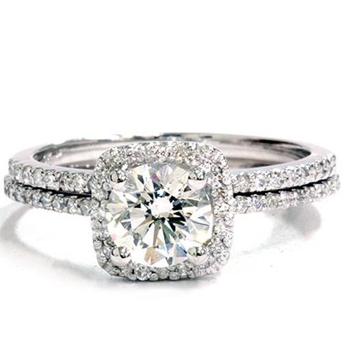 1CT Diamond Engagement Ring Cushion Halo Wedding Ring Set 14K White Gold - Size 4