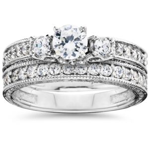 1 1/4ct vintage diamond engagement wedding ring set 14k white gold - size 7.5