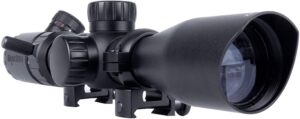 monstrum 2-7x32 rifle scope with rangefinder reticle and medium profile scope rings | black