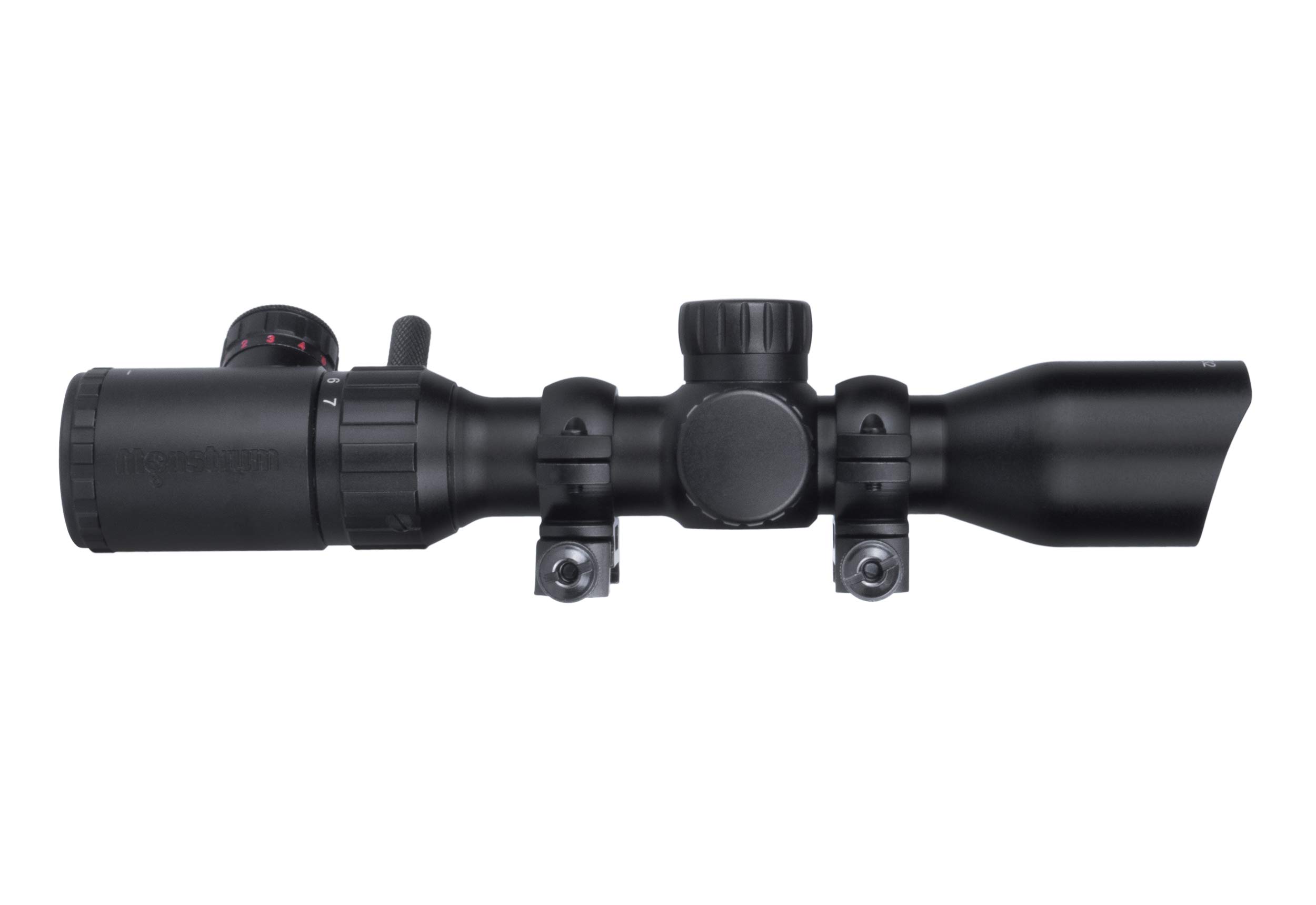 Monstrum 2-7x32 Rifle Scope with Rangefinder Reticle and Medium Profile Scope Rings | Black