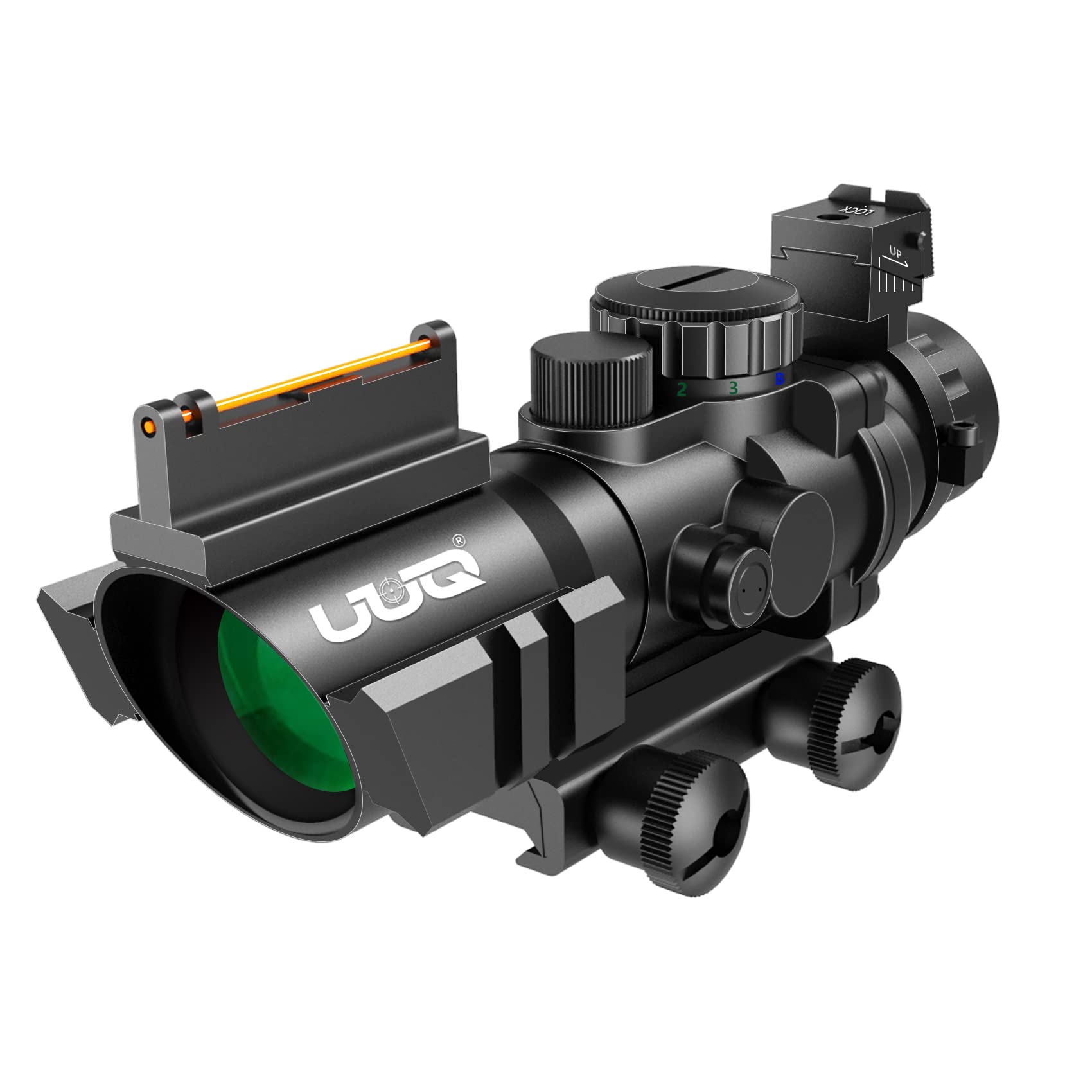 UUQ Prism 4x32 Red/Green/Blue Triple Illuminated Rapid Range Reticle Rifle Scope W/Top Fiber Optic Sight and Weaver Slots