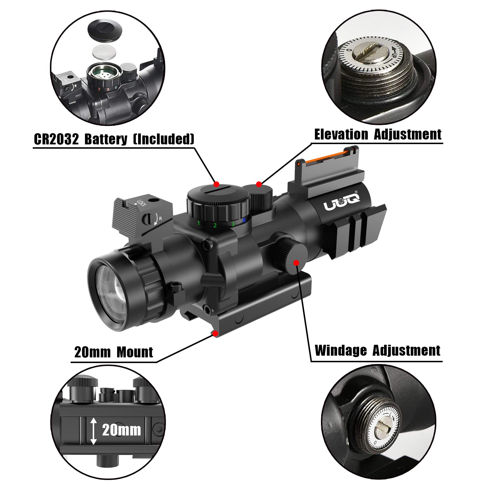 UUQ Prism 4x32 Red/Green/Blue Triple Illuminated Rapid Range Reticle Rifle Scope W/Top Fiber Optic Sight and Weaver Slots