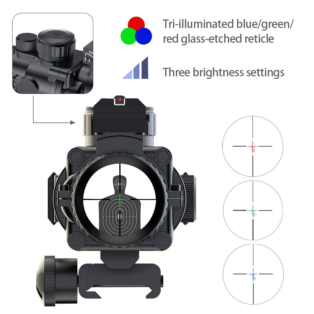 UUQ Prism 4x32 Red/Green/Blue Triple Illuminated Rapid Range Reticle Rifle Scope W/Top Fiber Optic Sight and Weaver Slots