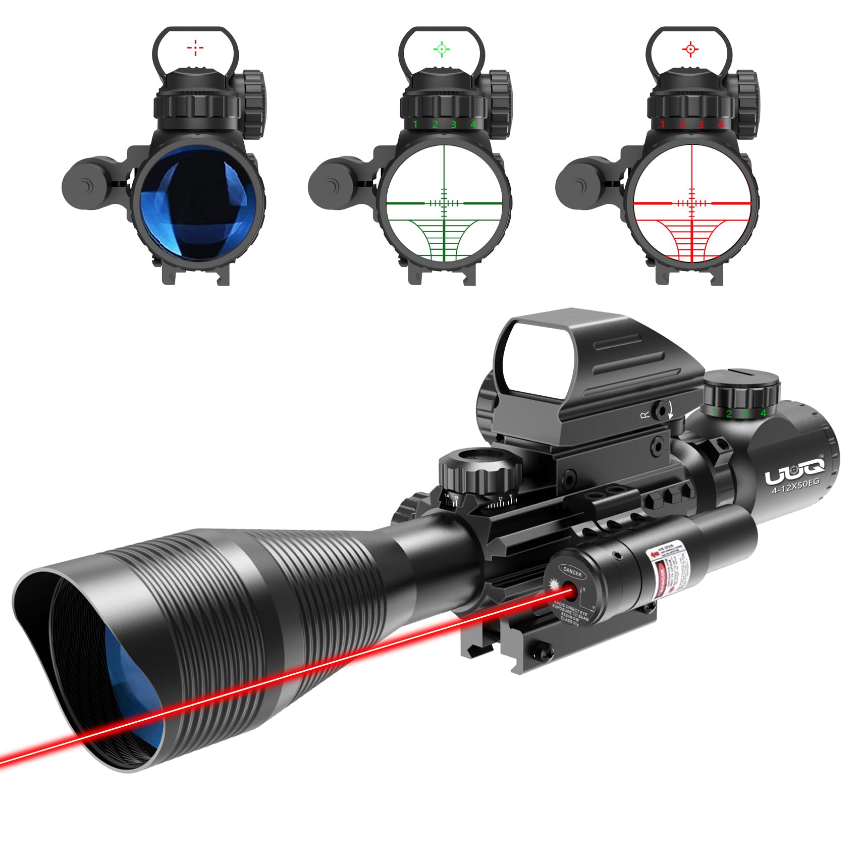 UUQ C4-12X50 Rifle Scope Dual Illuminated Reticle W/Laser Sight and Holographic Dot Reflex Sight (Red Laser)