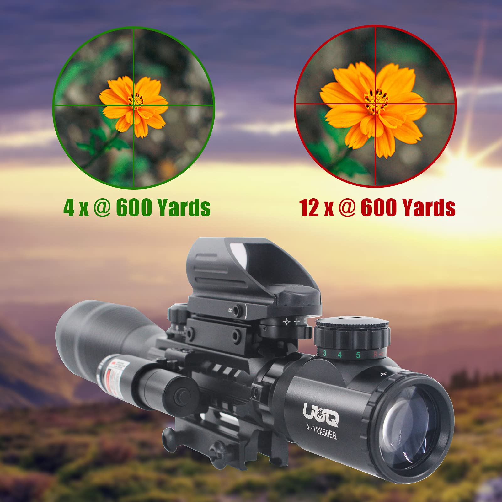 UUQ C4-12X50 Rifle Scope Dual Illuminated Reticle W/Laser Sight and Holographic Dot Reflex Sight (Red Laser)