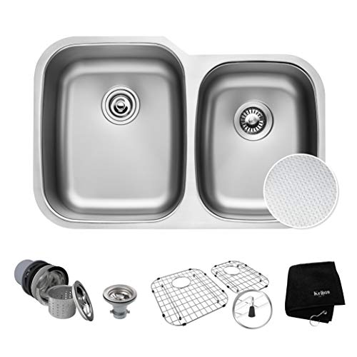 KRAUS Outlast MicroShield Scratch-Resist Stainless Steel Undermount 60/40 Double Bowl Sink, 32" 16 Gauge, Premier Series KBU24E