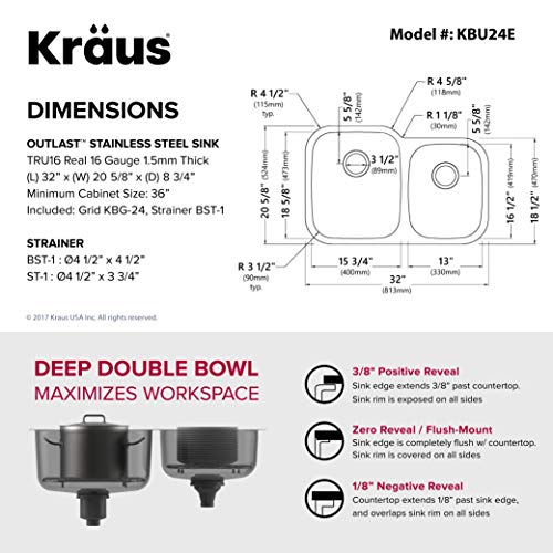 KRAUS Outlast MicroShield Scratch-Resist Stainless Steel Undermount 60/40 Double Bowl Sink, 32" 16 Gauge, Premier Series KBU24E