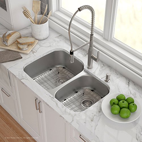 KRAUS Outlast MicroShield Scratch-Resist Stainless Steel Undermount 60/40 Double Bowl Sink, 32" 16 Gauge, Premier Series KBU24E